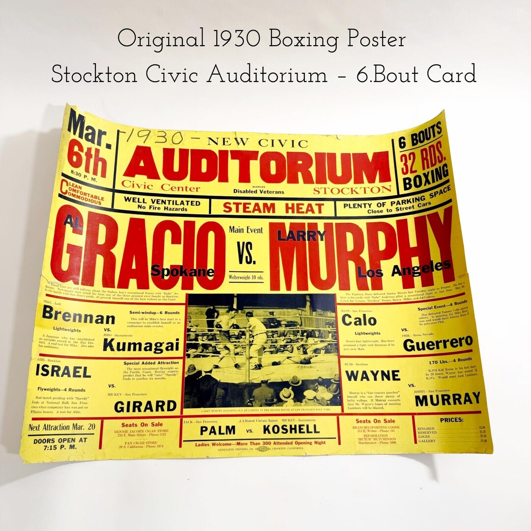 Vintage 1930 Boxing Poster Gracio Vs Murphy Stockton Civic Auditorium ...