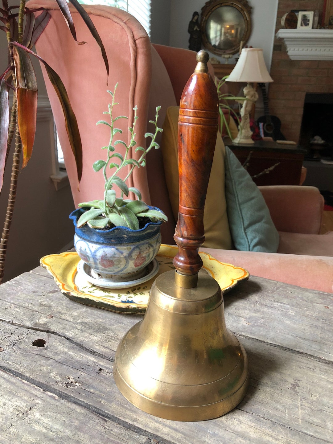 12.5x5.5 Large Heavy Brass Bell With Wooden Handle missing Clanger ...