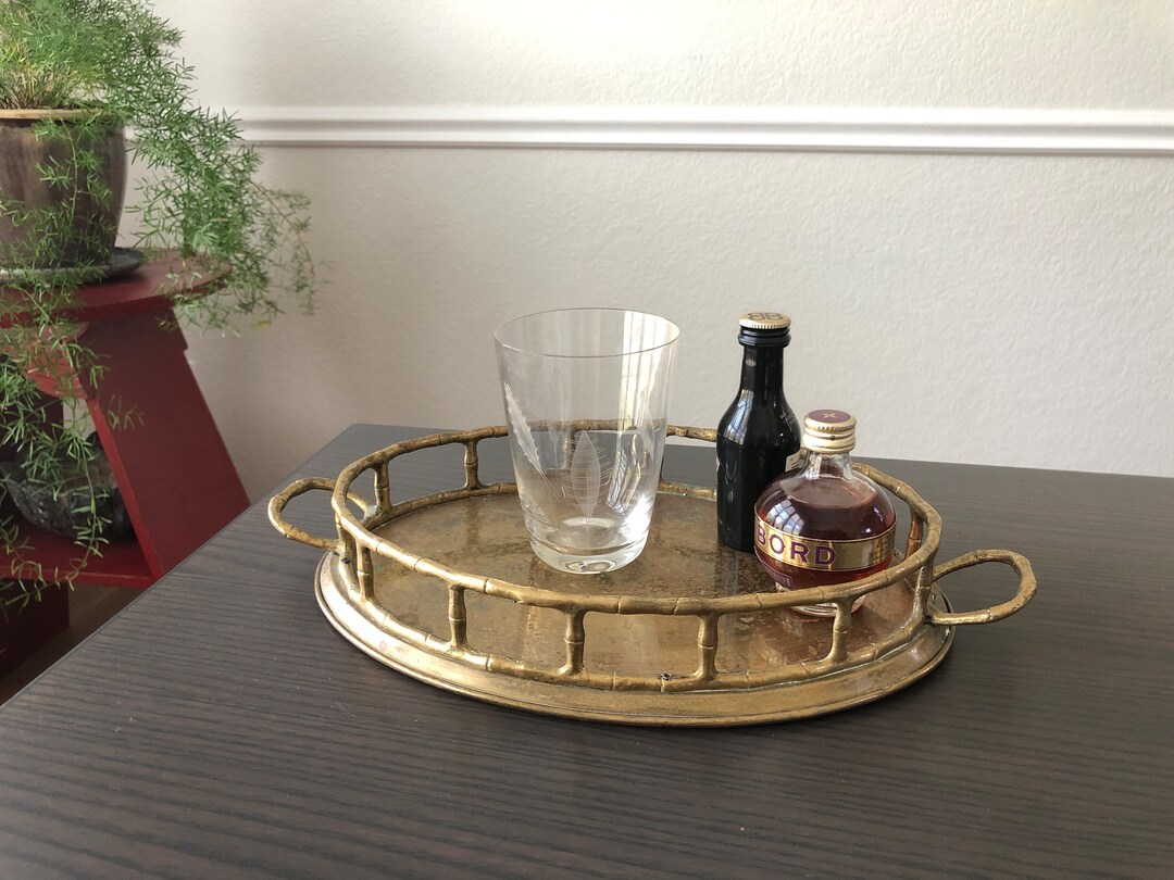 Small Faux Bamboo Decorative Tray With Handles and Side Rails, Oval ...