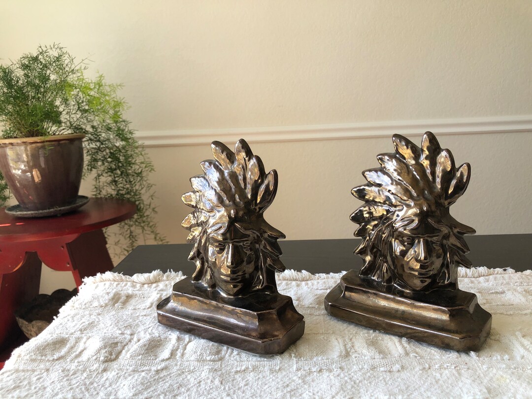 Gold/bronze Metallic Finish Indian Head Bookends Vintage Indian Head ...