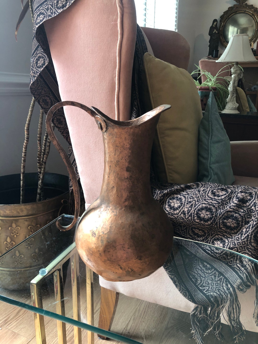 Vintage Hand Hammered Copper Pitcher, Metal Pitcher With Decorative ...