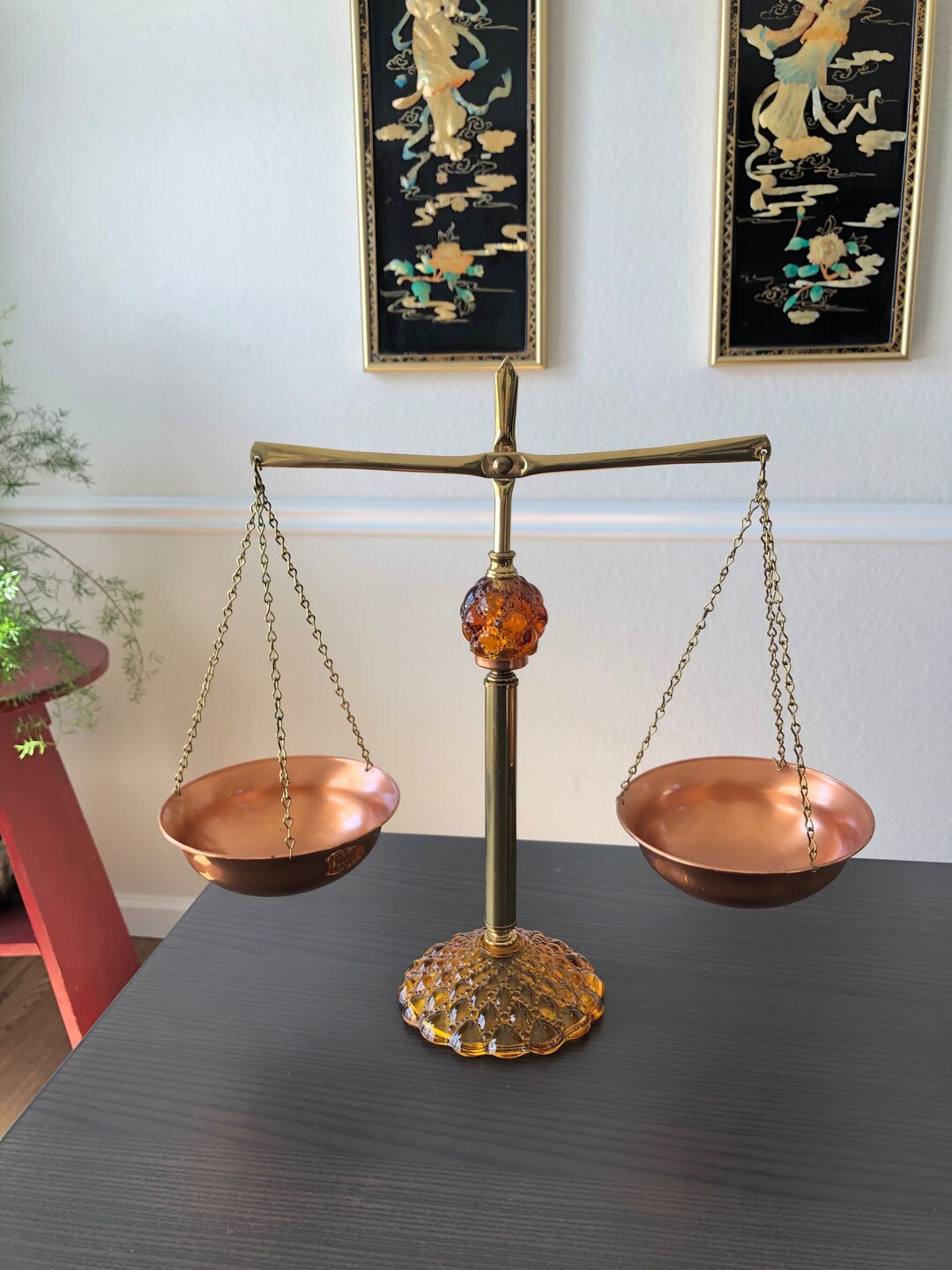 Vintage Amber Glass and Copper Scales of Justice, Hollywood Regency ...