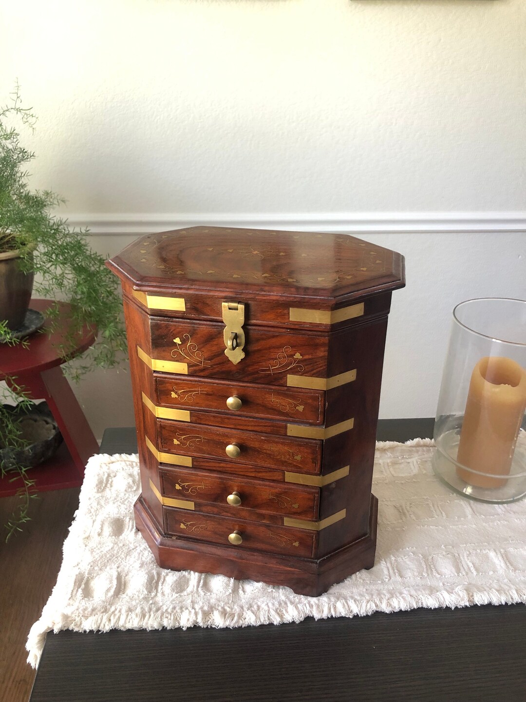 Tall Jewelry Cabinet With Four Drawers and Brass Inlay Work, Jewelry ...