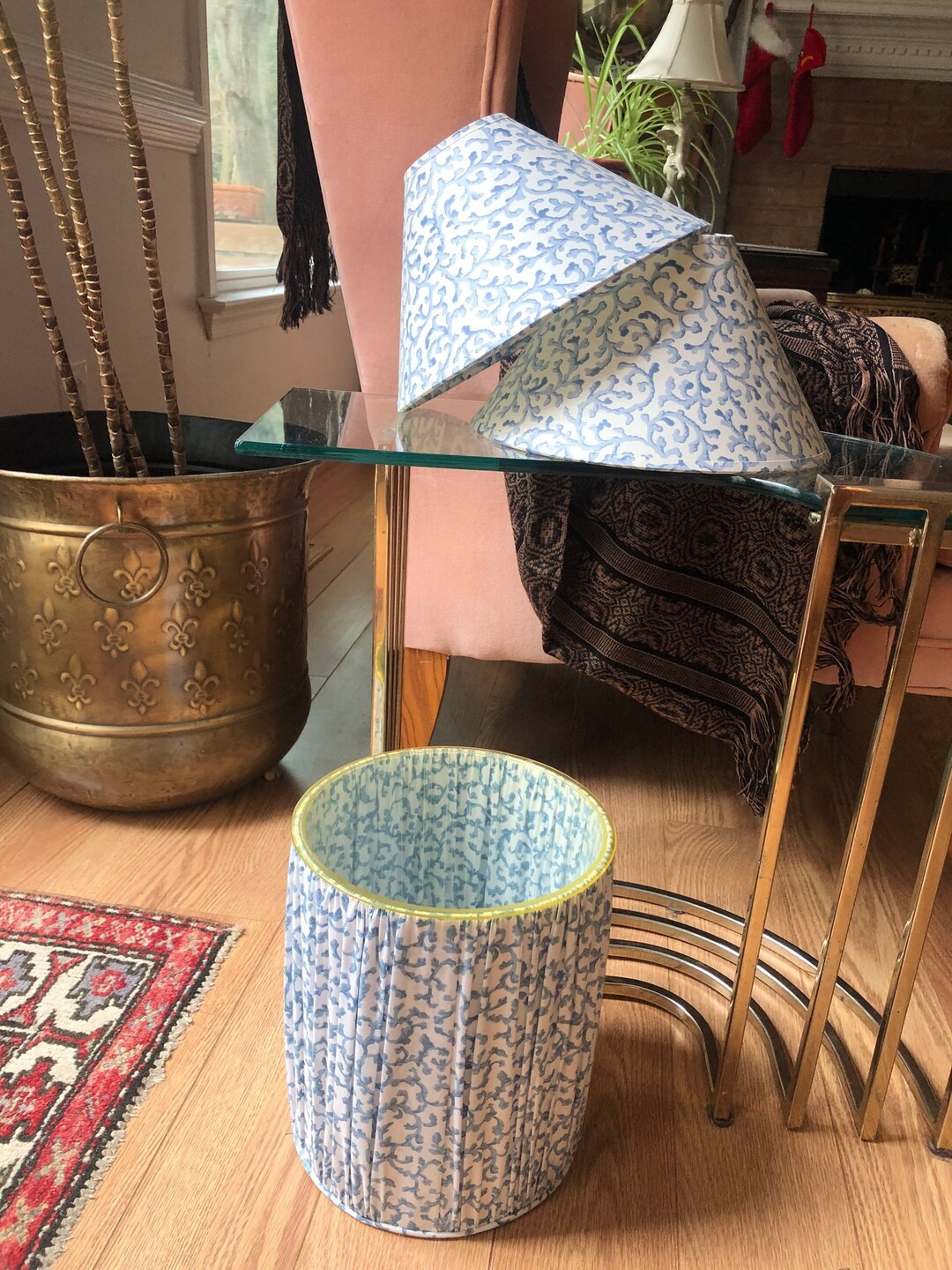 Matching Lampshades and Trashcan Blue and White Fabric Cottage Chic ...