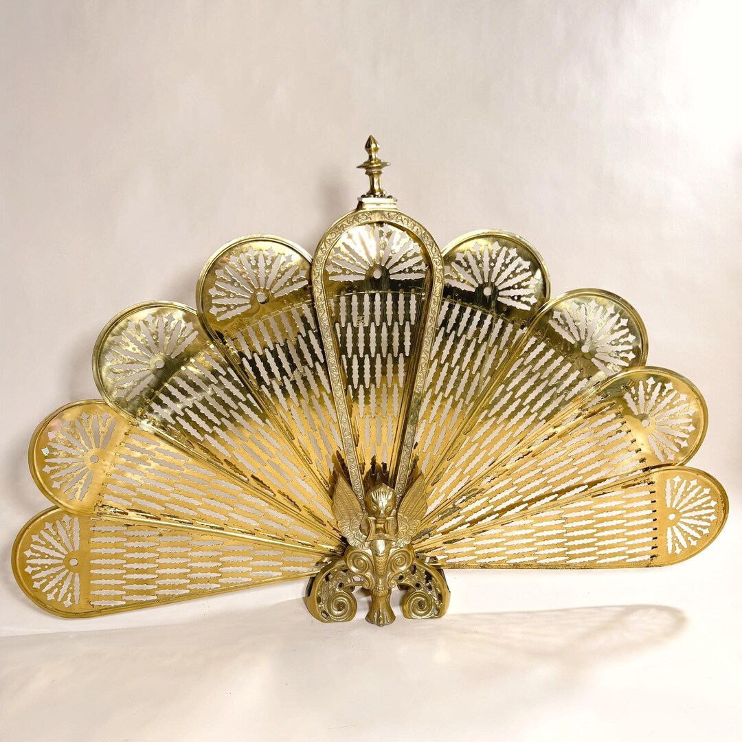 Vintage Brass Peacock Fan Fireplace Screen Ornate Hearth Decor ...