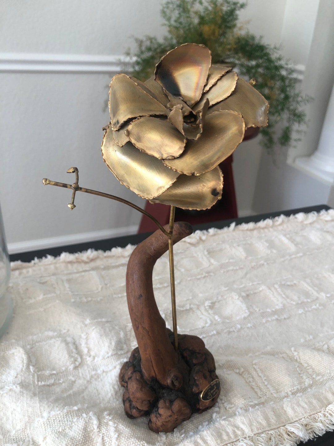 Vintage Signed Brass Metal Flower on Wood Genol or Gend Signed 1970's ...