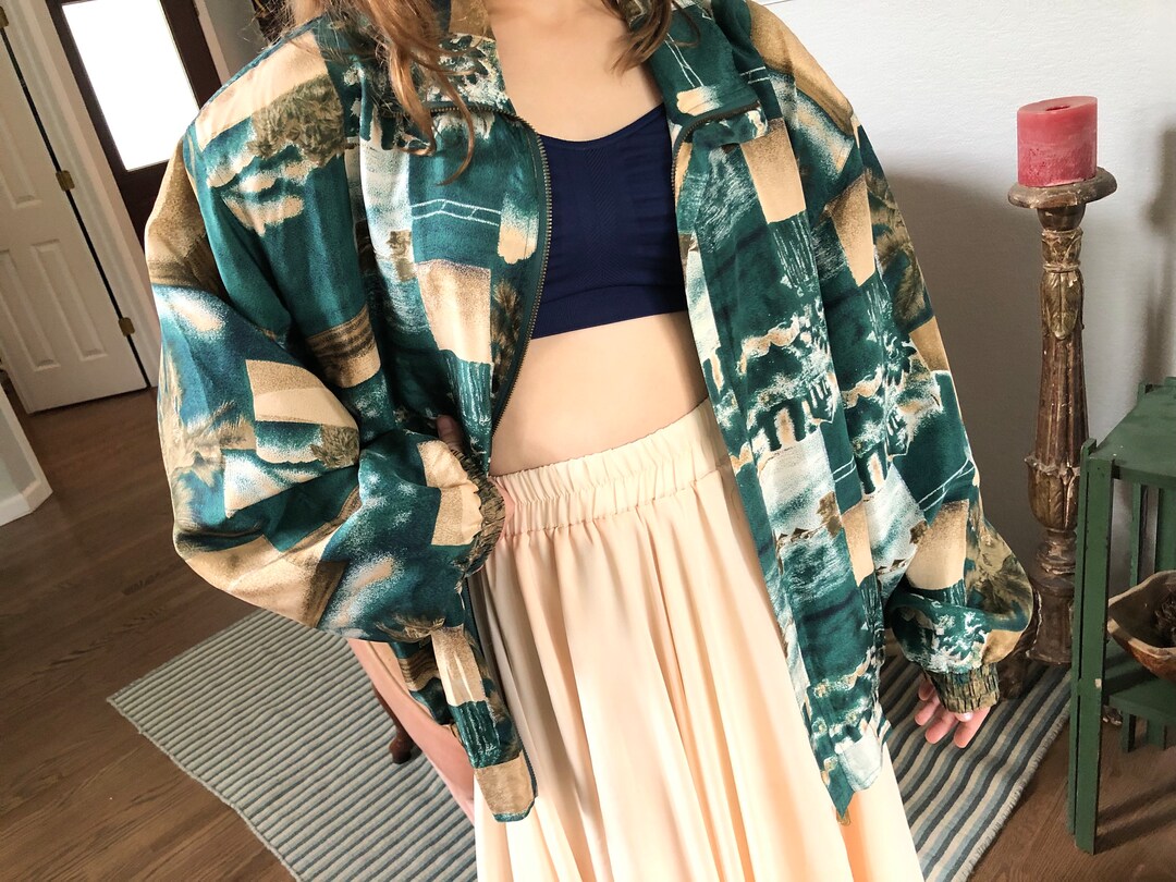 80s Silk Green Fuda International Jacket Featuring Palm Trees Vintage ...