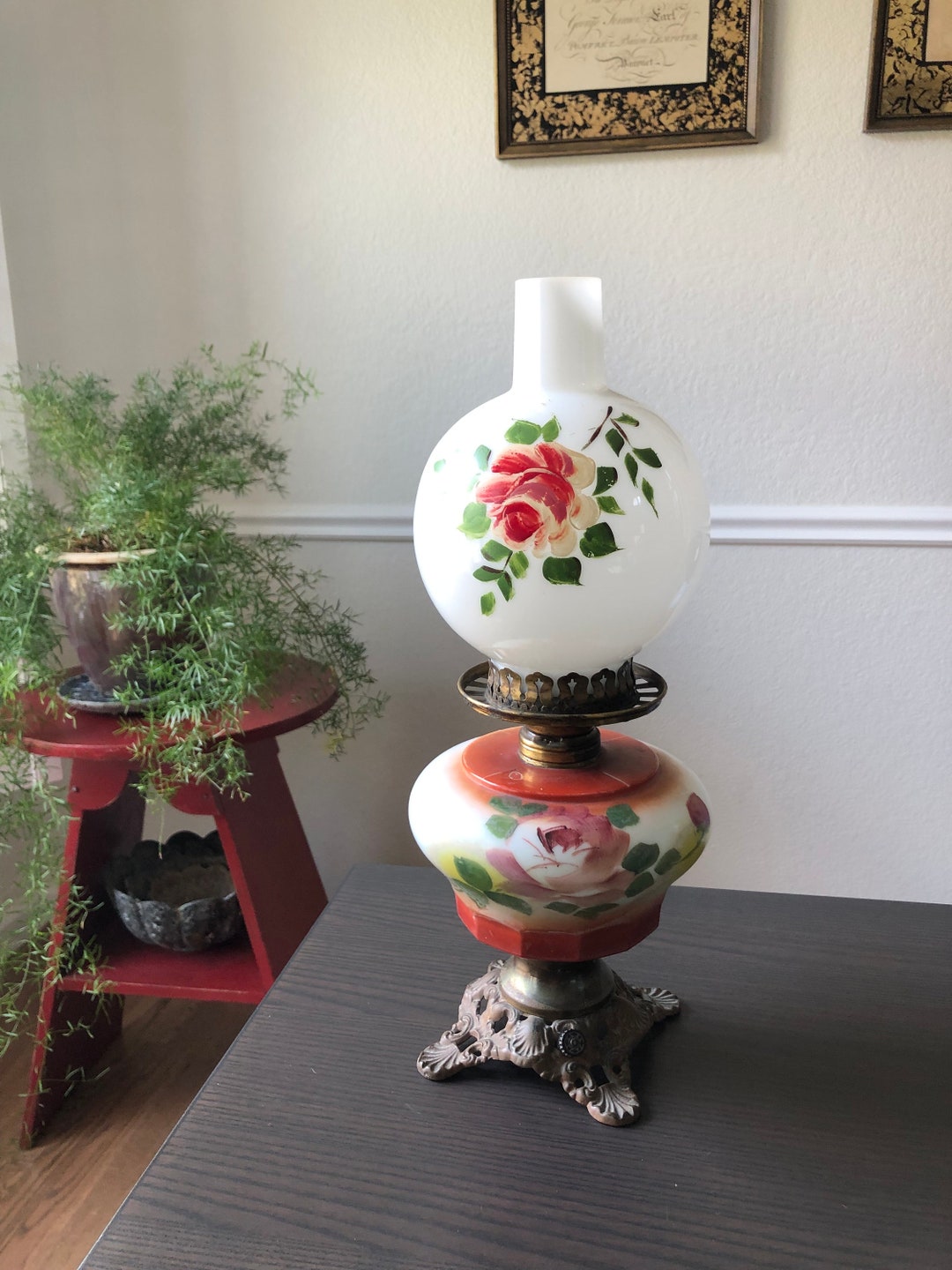 Antique Floral Glass Lamp Brass Base Oil Lamp Design Roses Leaves ...