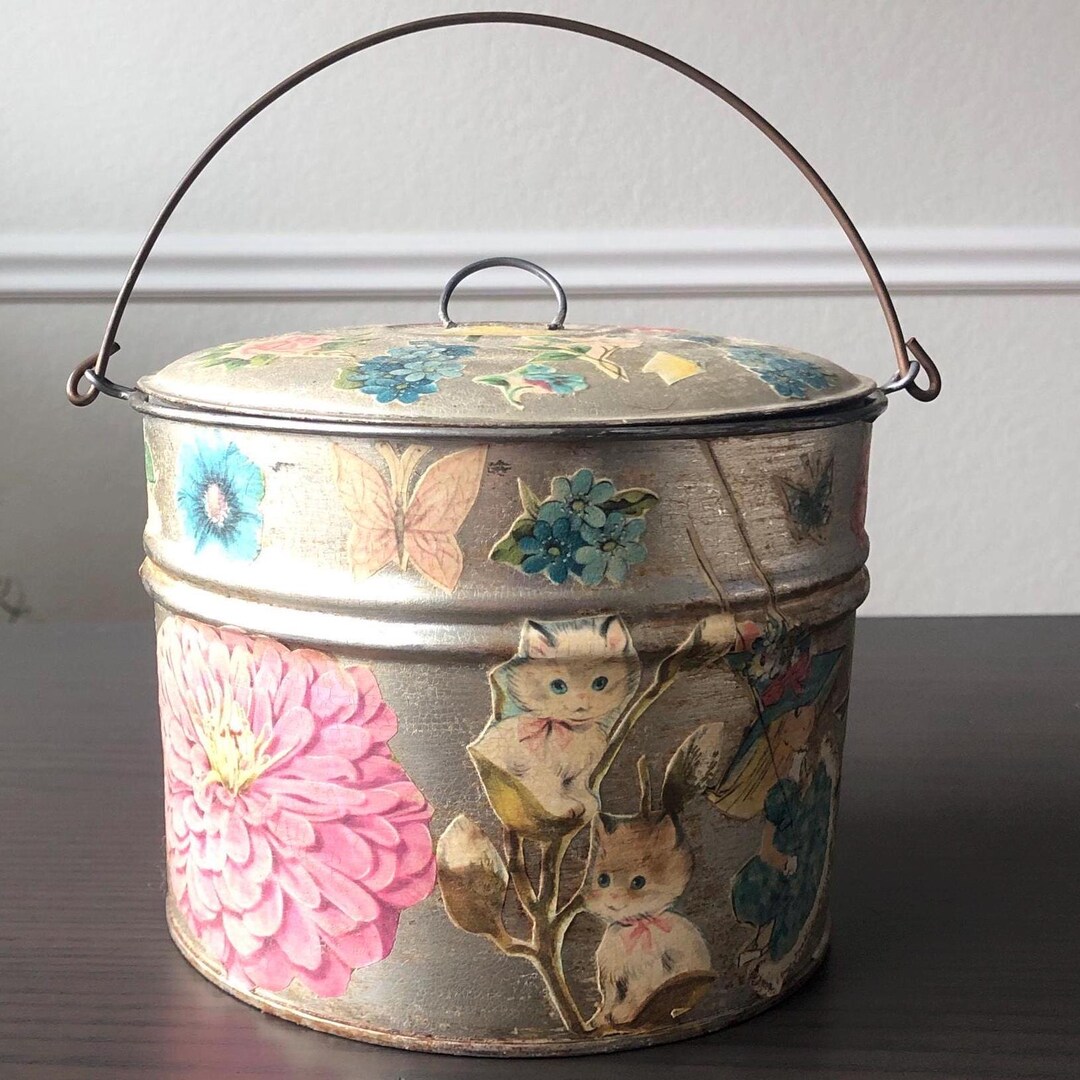 Decoupaged Tin Lunch Pail With Handle Bisquit Tin Bucket With Vintage ...