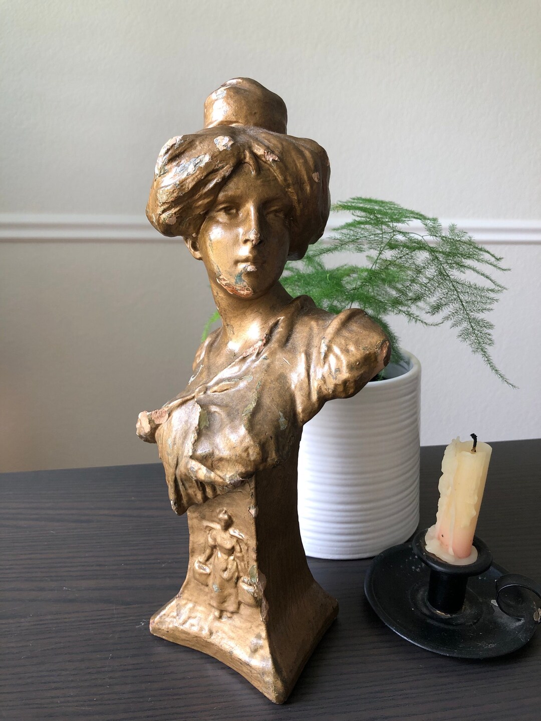 Art Nouveau Plaster Woman Bust Floral Hat Detail Pastoral Relief Base ...
