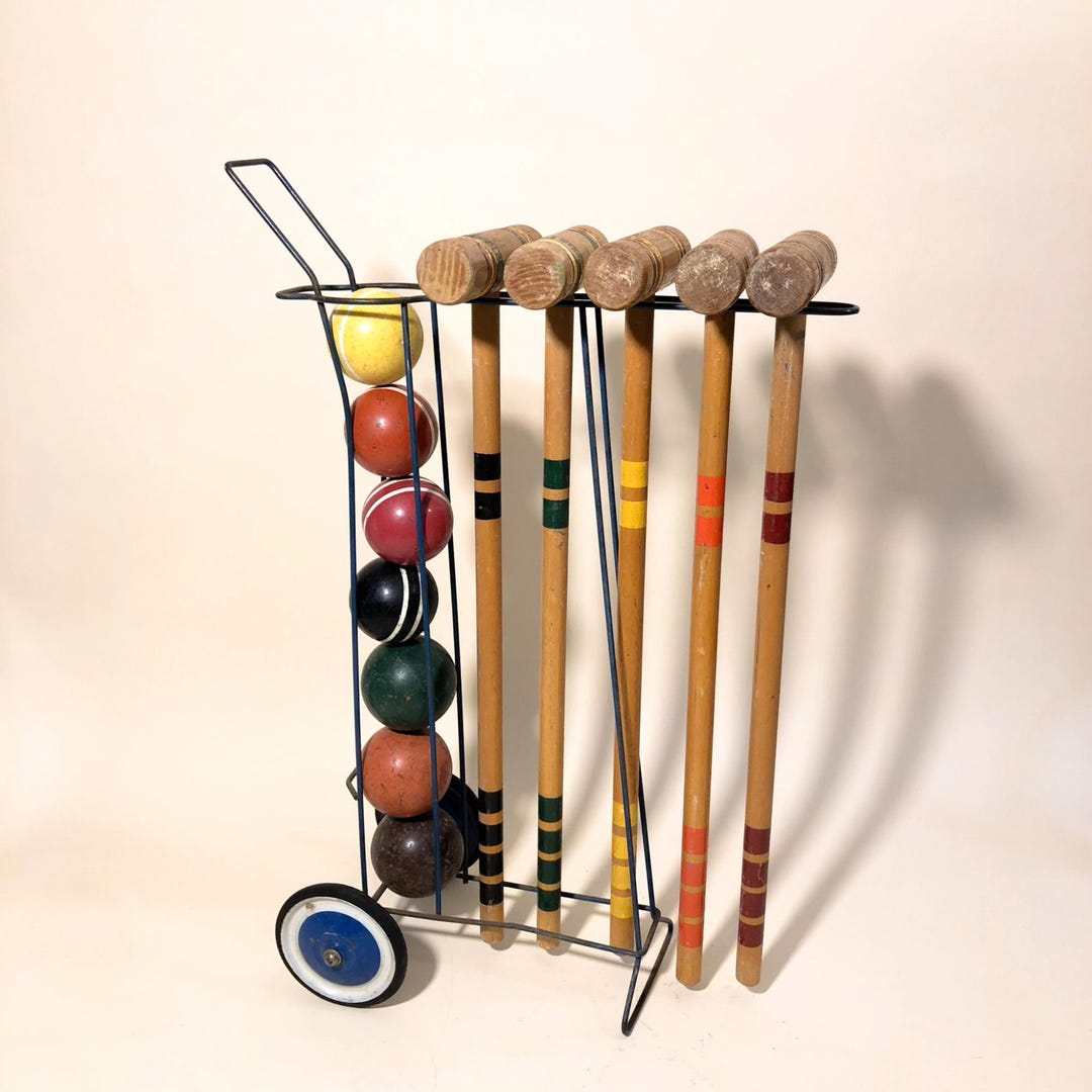 Vintage Croquet Set Wooden Mallet Crochet Bag Retro Decor Vintage Game ...