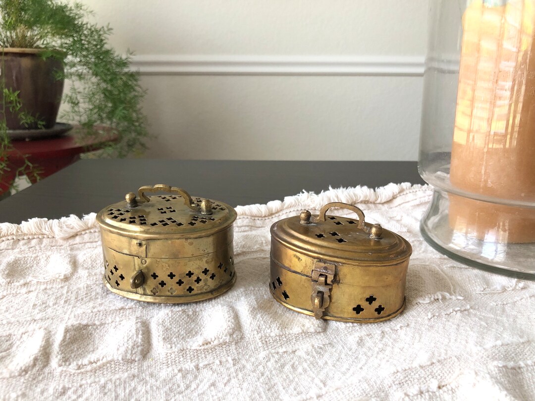 Set of Two Vintage Pierced Brass Cricket Boxes, Oval, Ellipse, Made in ...