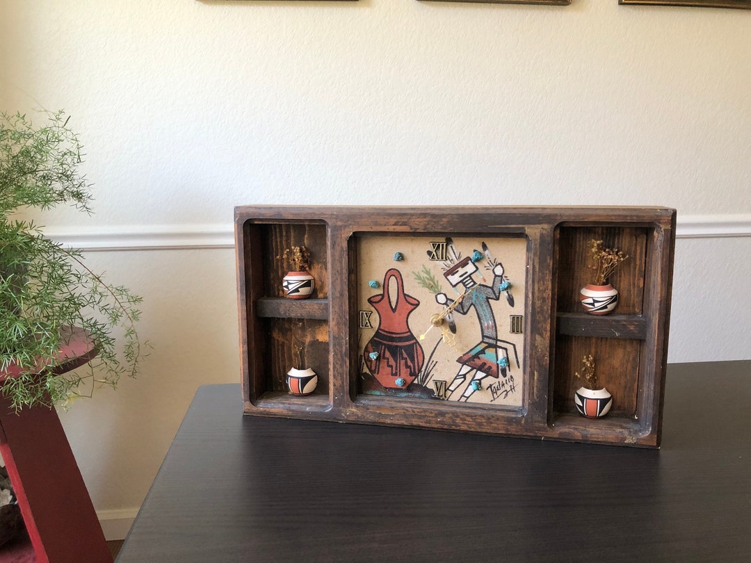 Vintage Clock Sand Painting Clock Shelf Mini Pottery Turquoise Nugget ...