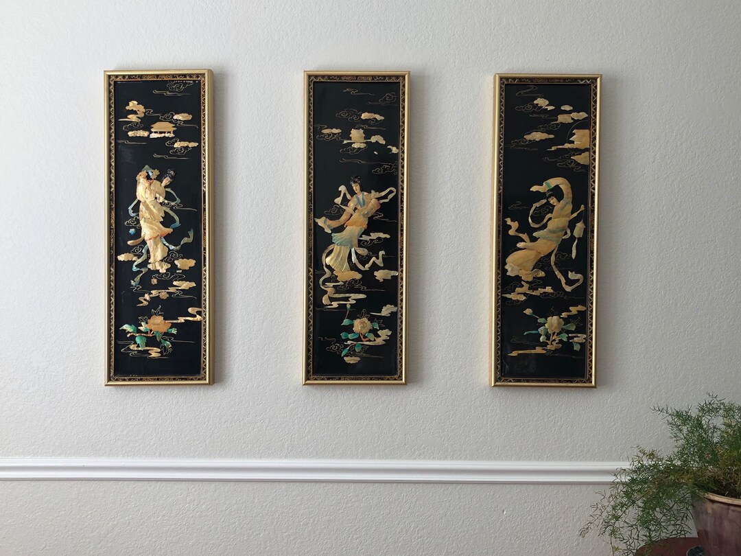 Set of 3 Ornate Black Lacquer Wall Panels With Mother of Pearl ...