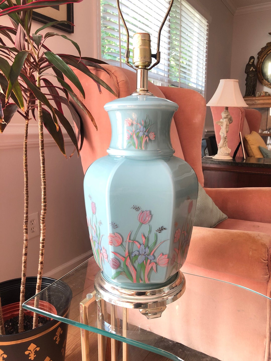 1980's Blue Glass Ginger Jar Shaped Lamp With Floral Applique Side ...