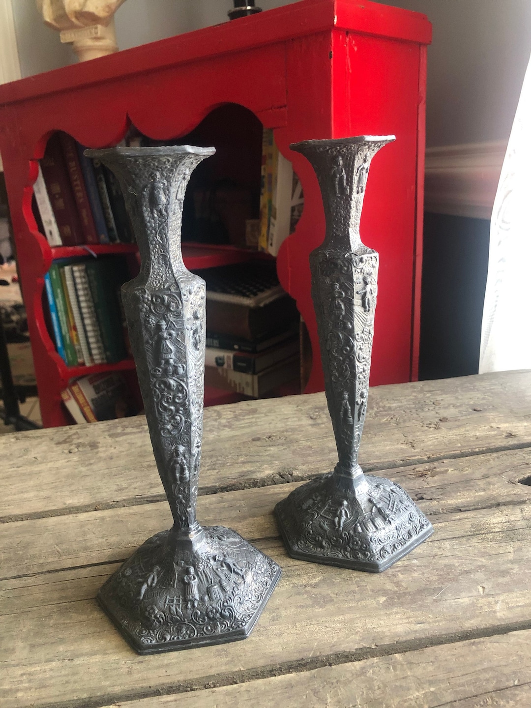 Vintage Hexagon Shaped Silverplate Candlestick Holders With Dutch ...