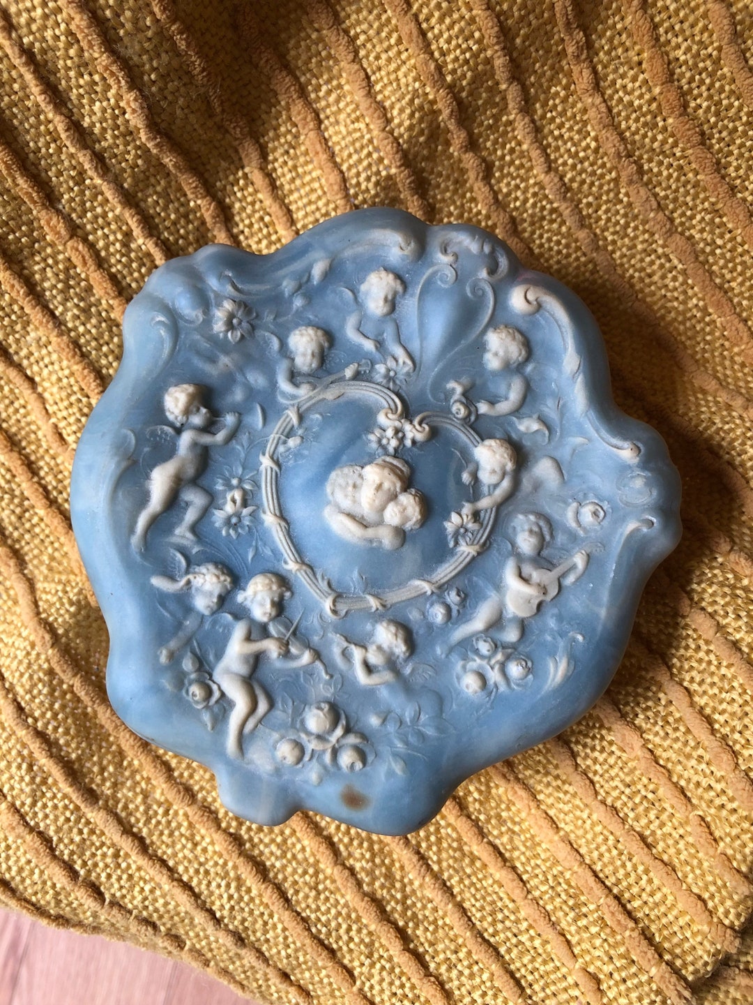 Blue Salloped Incolay Stone Box Intricate Angels Pattern Cherubs ...