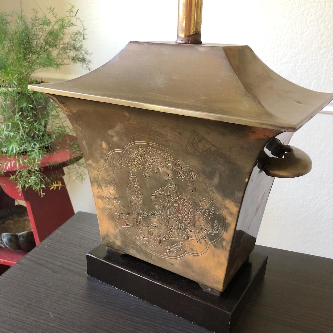 Brass Chinoiserie Table Lamp Chinese Style Lamp Wooden Base Industrial ...