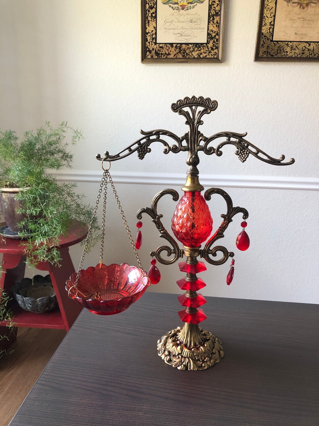 Vintage Brass Red Glass Scale Ruby Red Color Hollywood Regency Justice ...