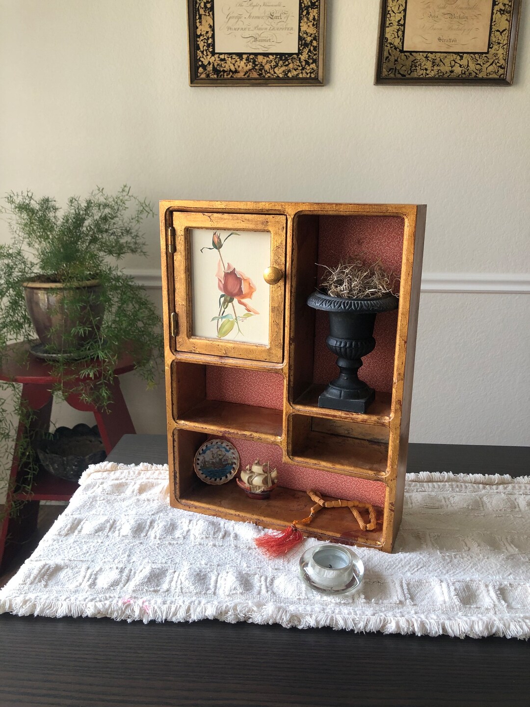 Wooden Gold Painted Shelf With Floral Tile Hand Painted Shelf Jewelry ...