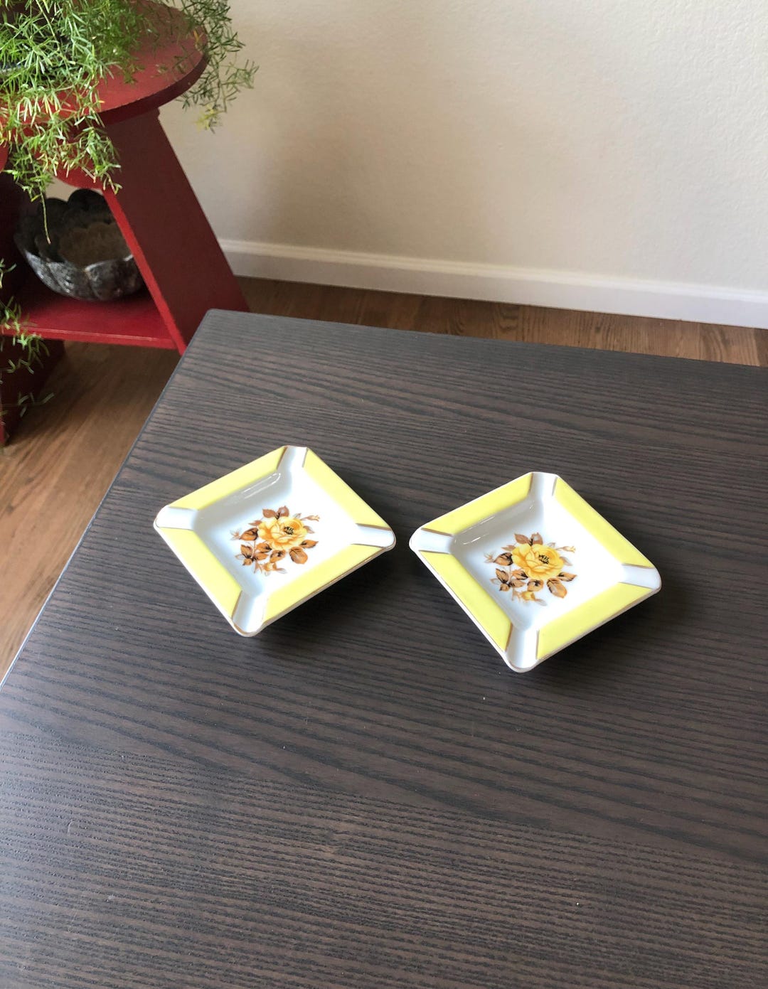 Ashtray Mid Century Yellow Ashtray Floral Cigarette Ashtray Set of Two ...