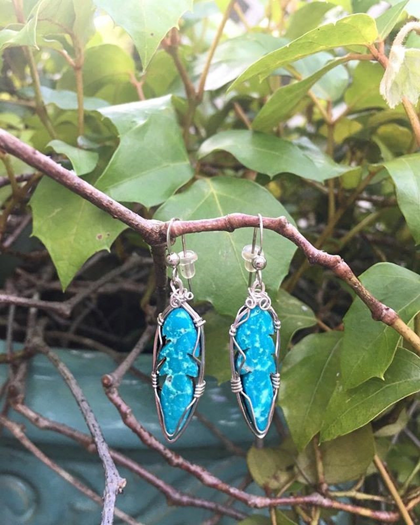 Blue Turquoise Feather Pendant and Earrings Set With Sterling - Etsy