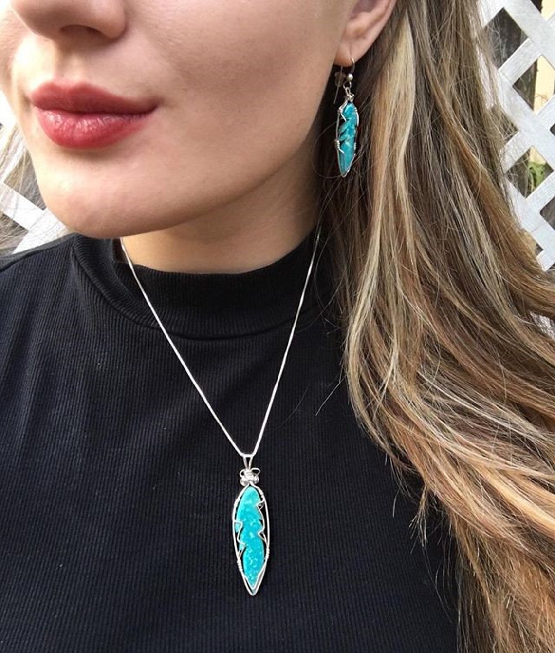 Blue Turquoise Feather Pendant and Earrings Set With Sterling - Etsy