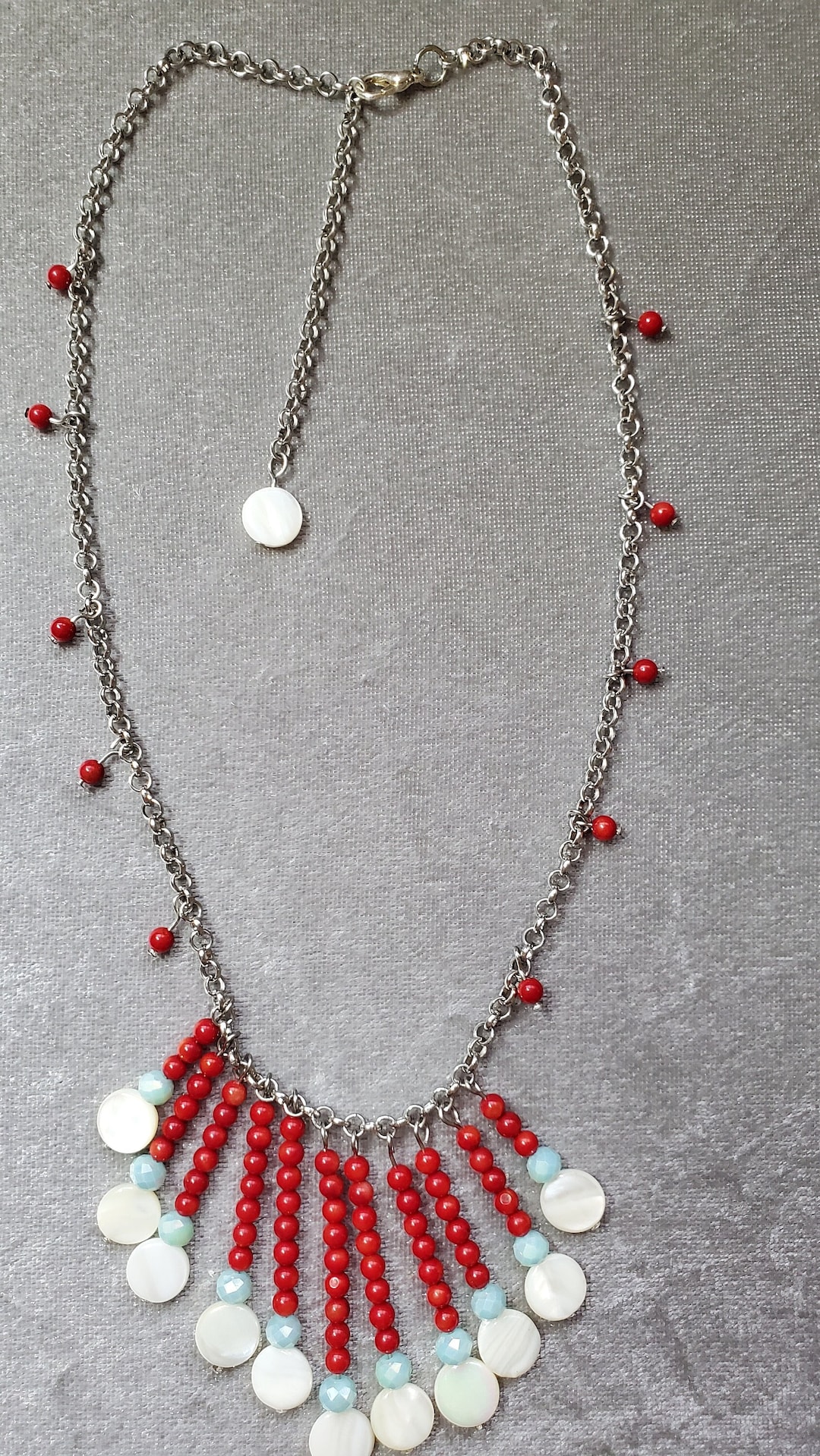 Aqua Glass and Red Coral Mother of Pearl Coin Fringe Necklace - Etsy