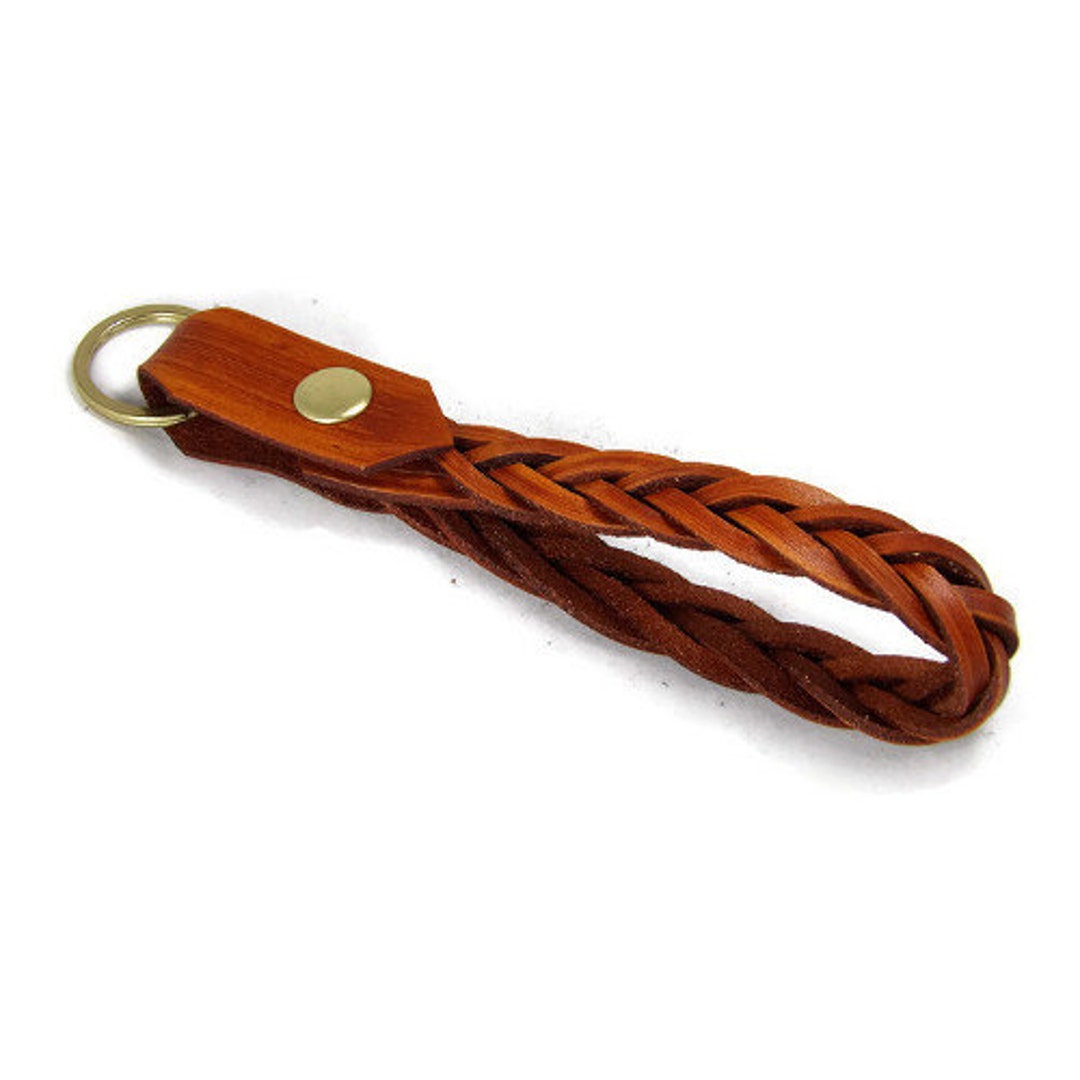Saddle Tan Braided Leather Loop Snap Key Chain With Brass Plate ...