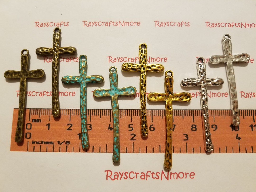 6 Pcs- Long Thin Hammered Cross Pendant, Tall Skinny Cross- 47x21mm ...