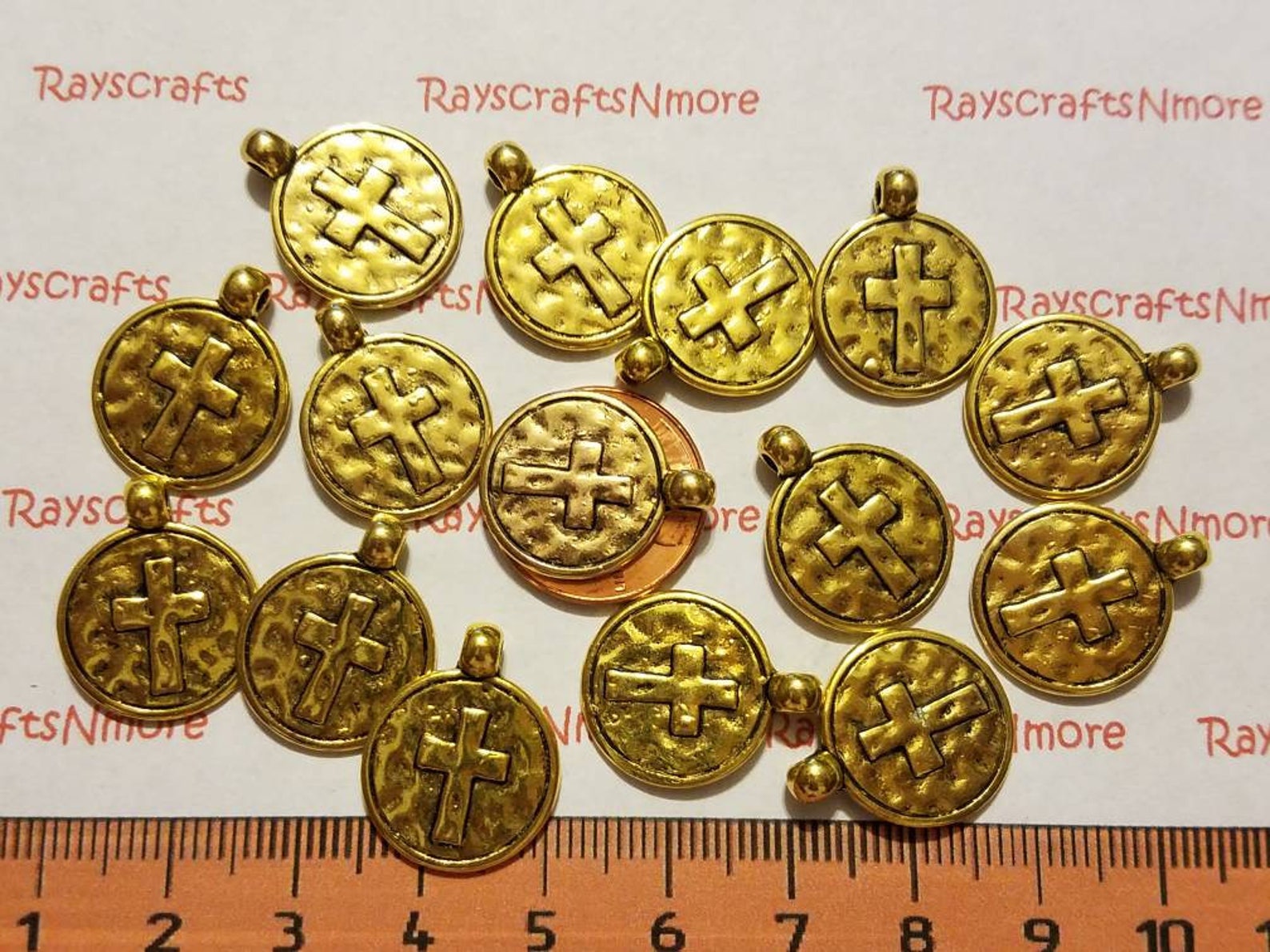15 pcs Reversible Hammered Cross Coin Charm Pendant Round | Etsy