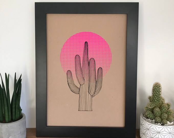 Cactus Screen Print, Black and Fluorescent Neon Pink Magenta Sun, Moon ...