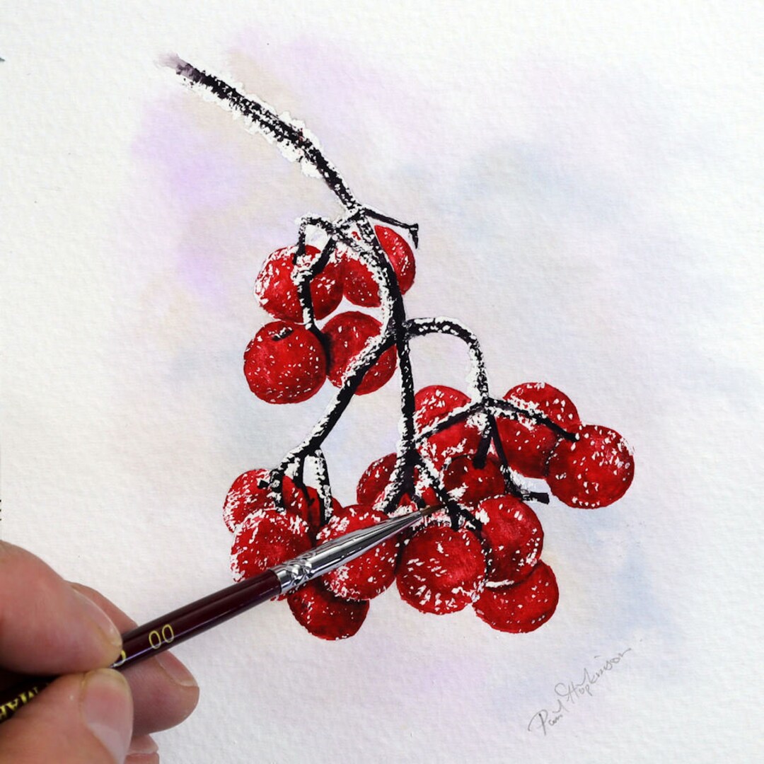 ORIGINAL Snowy Berries Watercolor Painting, Cranberry Fruit Watercolour ...
