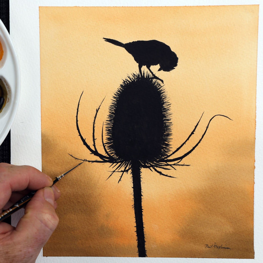 ORIGINAL Watercolour Painting, Bird on Teasel Silhouette, Wildlife in ...