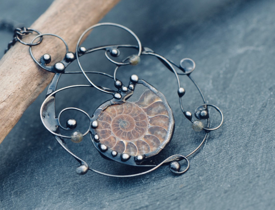 Ammonite Fossil Necklace: Labradorite Accent, Metalwork Jewelry - Etsy