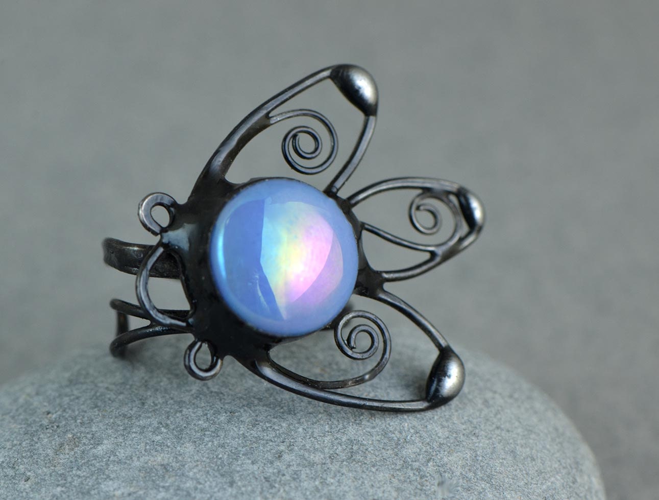 Bluebell Ring Artistic Black Blue Stained Glass Ring Adjustable ...