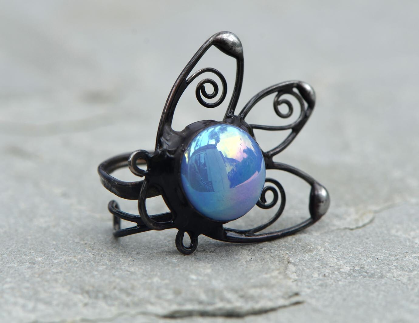 Bluebell Ring Artistic Black Blue Stained Glass Ring Adjustable ...
