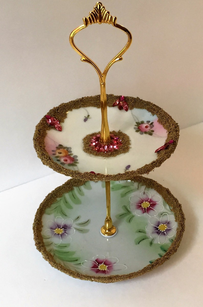 Vintage Porcelain Two Tier Embellished Floral Plate Stand With Gold ...
