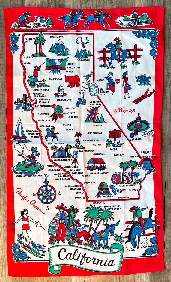 Vintage Souvenir California Red White Blue State Map Print Tea | Etsy