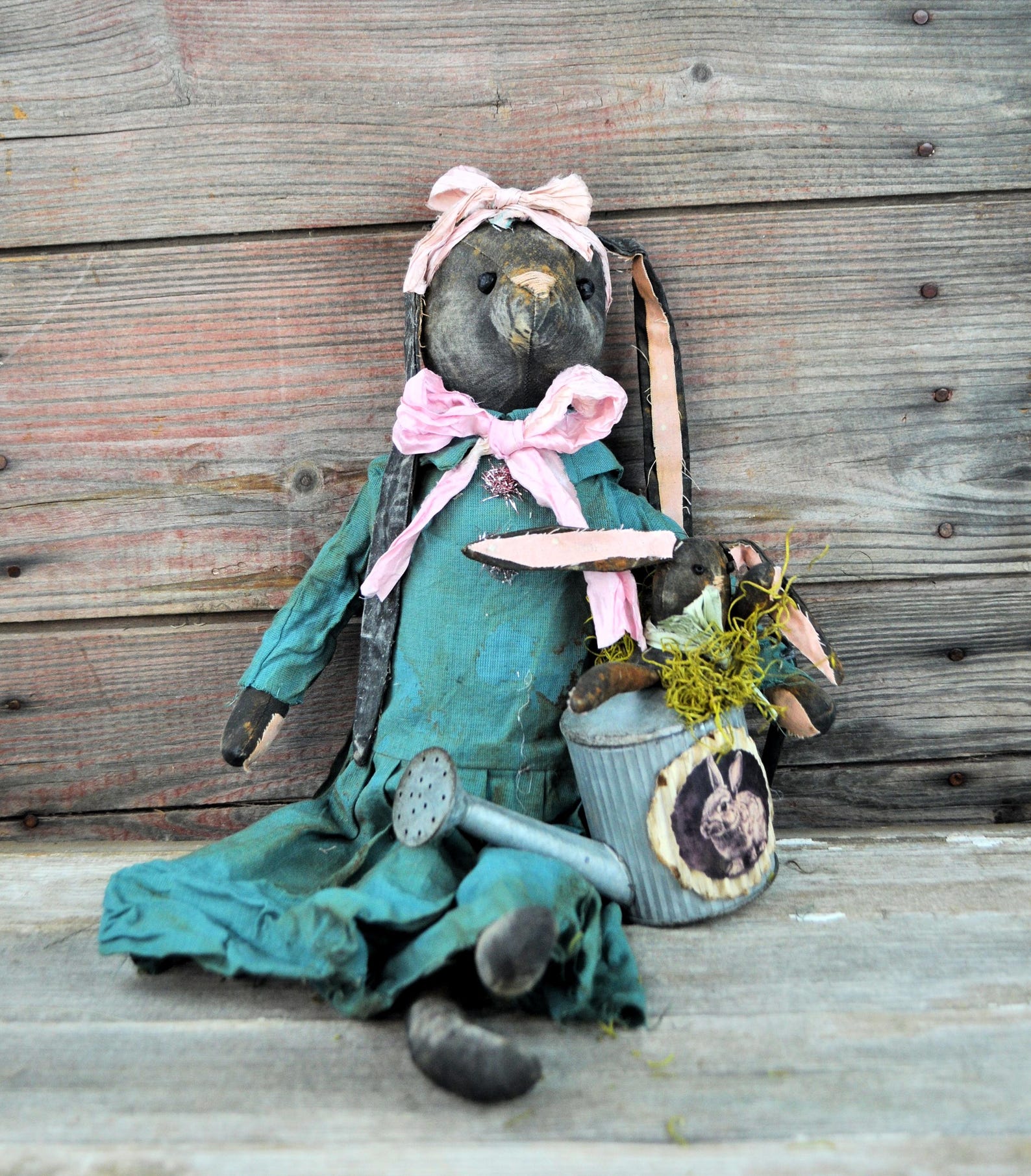 Primitive Black Bunny "maddie" With Small Bunny in Watering Can - Etsy