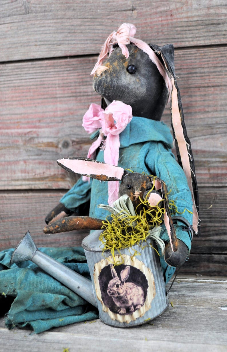 Primitive Black Bunny "maddie" With Small Bunny in Watering Can - Etsy