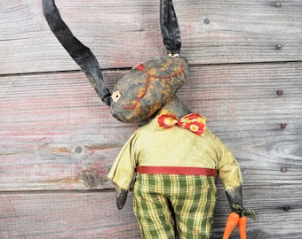 Primitive Bunny Rabbit With Carrots Primitive Grungy Primitive Easter ...