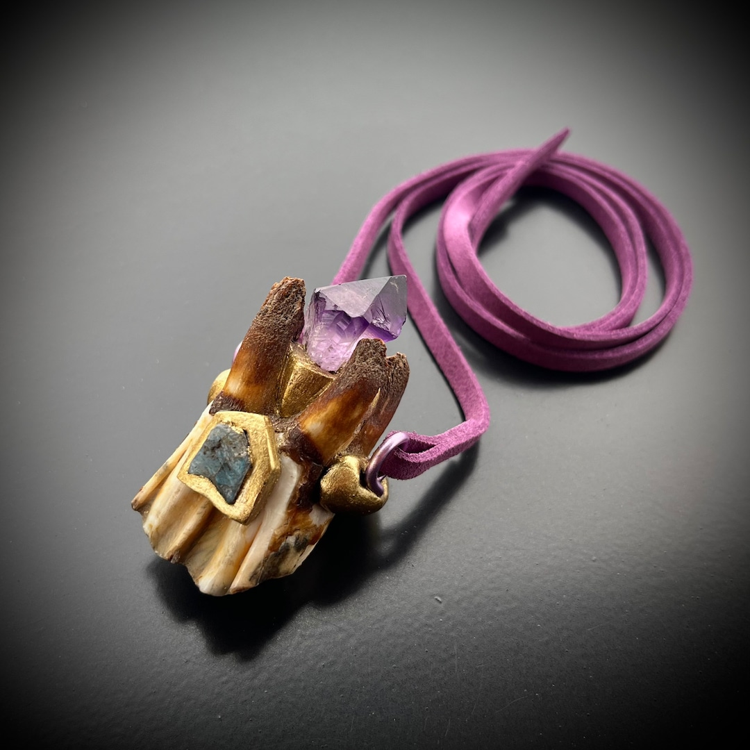 Cow Tooth Fossil, Amethyst and Labradorite Crystal Necklace. 300 Years ...