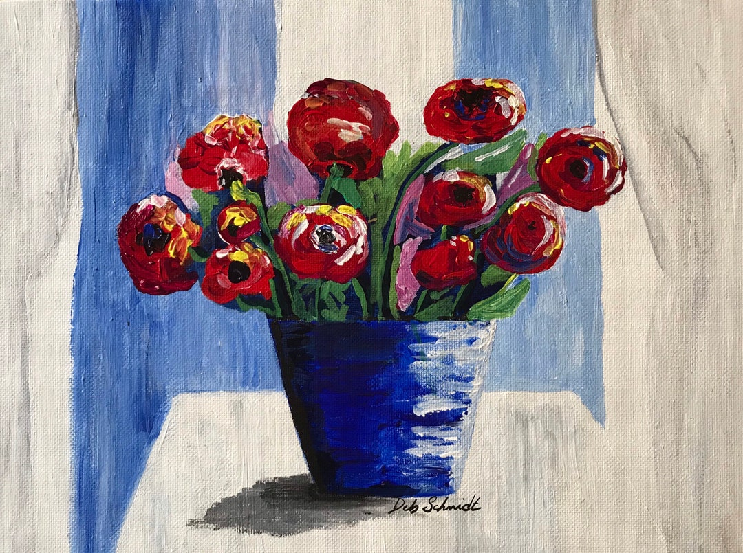 Dark Red Flowers, Acrylic Painting, Flowers, Giclee Prints, Vase and ...