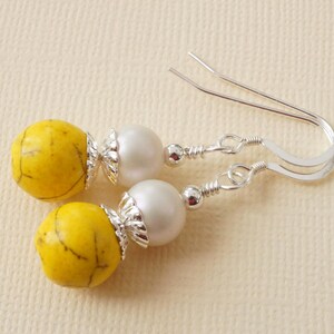 Yellow and White Gemstone Earrings, Yellow Magnesite and Matte Shell ...