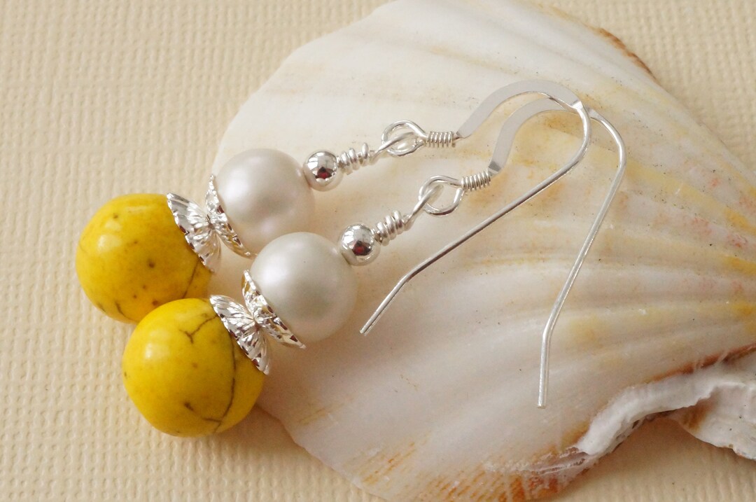 Yellow and White Gemstone Earrings, Yellow Magnesite and Matte Shell ...