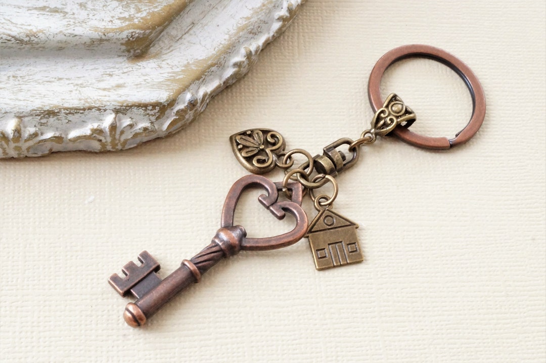 Antique Copper and Bronze Keyring With Key House and Heart Charms, New ...