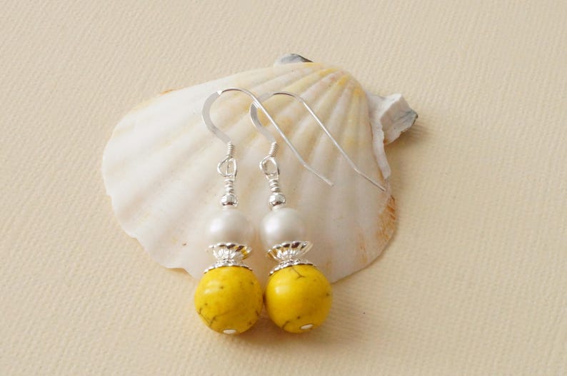 Yellow and White Gemstone Earrings, Yellow Magnesite and Matte Shell ...