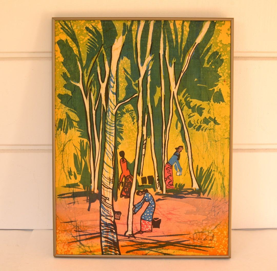 Silk Batik / Batique Painting, Tree Tapping Scene, Vintage Primitive ...