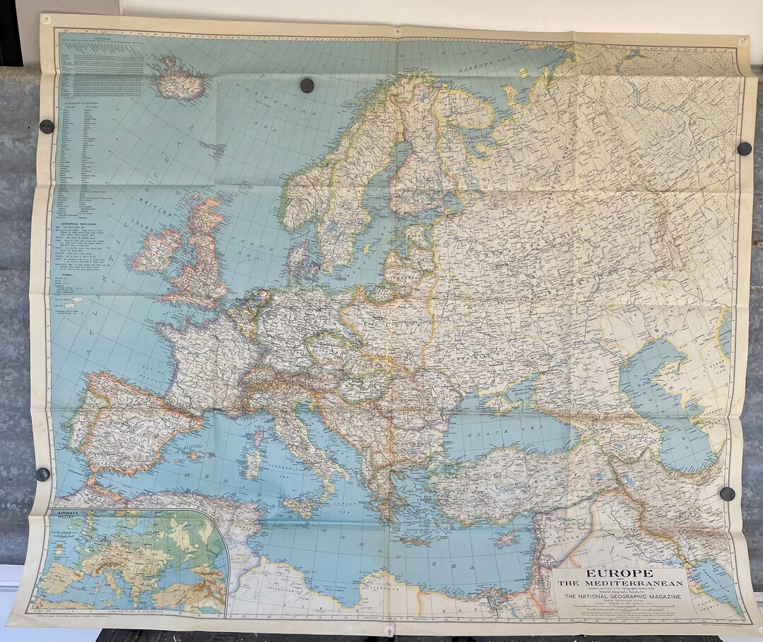 Huge Map of Europe and the Mediterranean, Vintage Map, 1938, National ...
